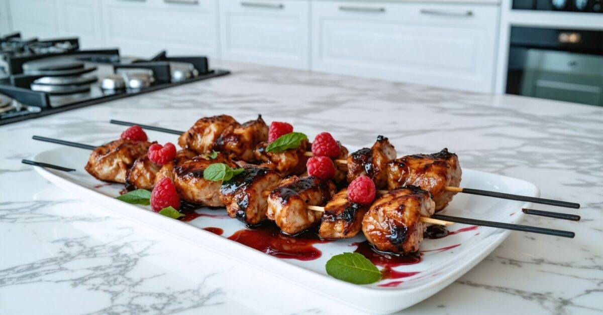 Air-Fried Raspberry Balsamic Glazed Chicken Skewers with Mint - Chopped