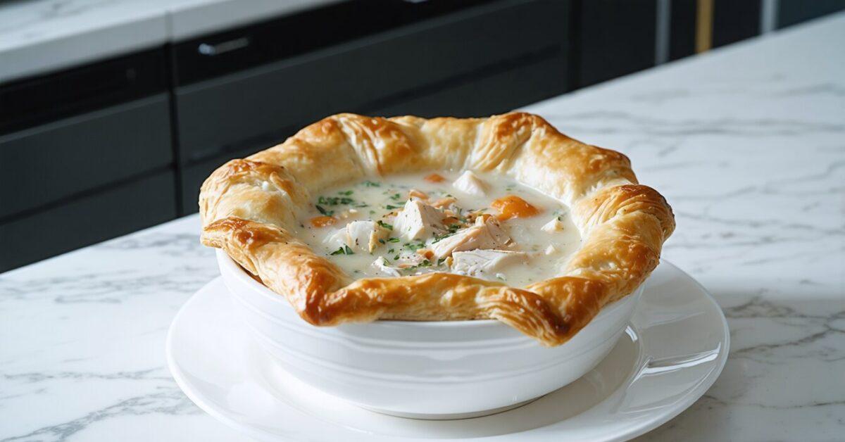 Homestyle Chicken Pot Pie Soup with Flaky Pastry and Nutmeg - Chopped
