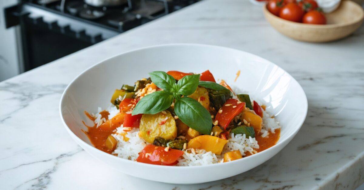 Red Curry Vegetable and Basmati Rice Bowl with Thai Basil Coconut Sauce ...